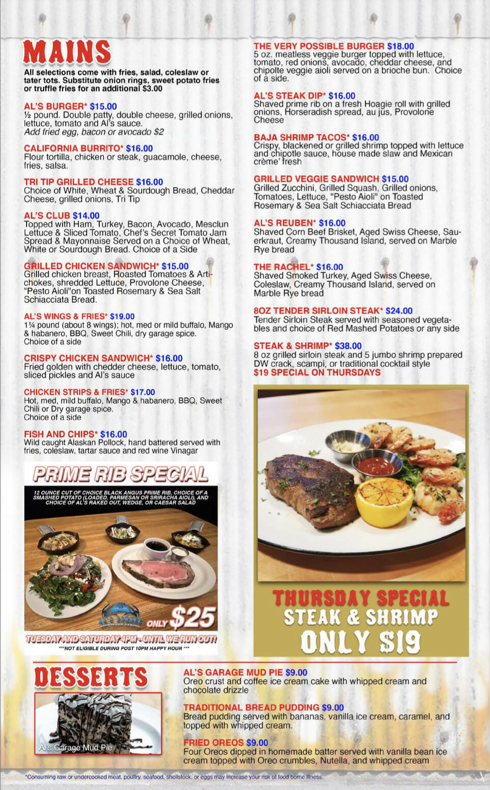 Menu – Al’s Garage